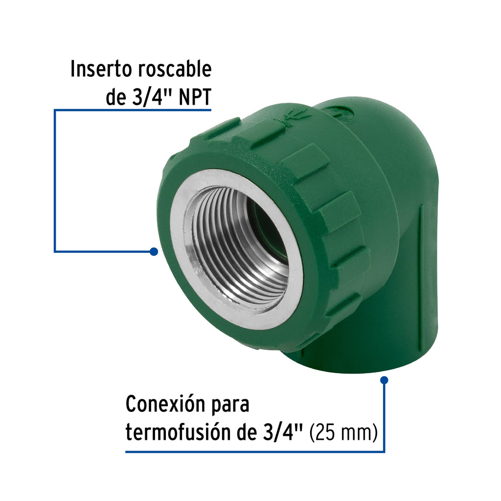 Codo 90° PPR, 3/4', rosca hembra con inserto metálico, Foset, 49862 CV-502