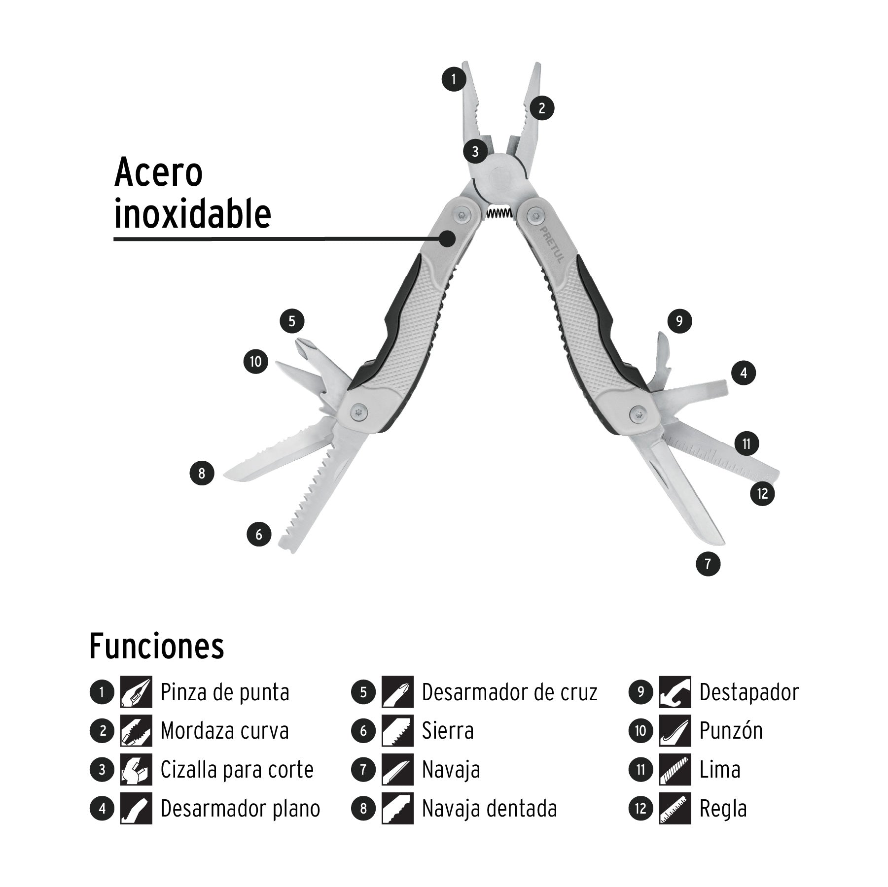 Multiherramienta con 12 funciones,PRETUL Caja con 4, 24106 NAMU-12P