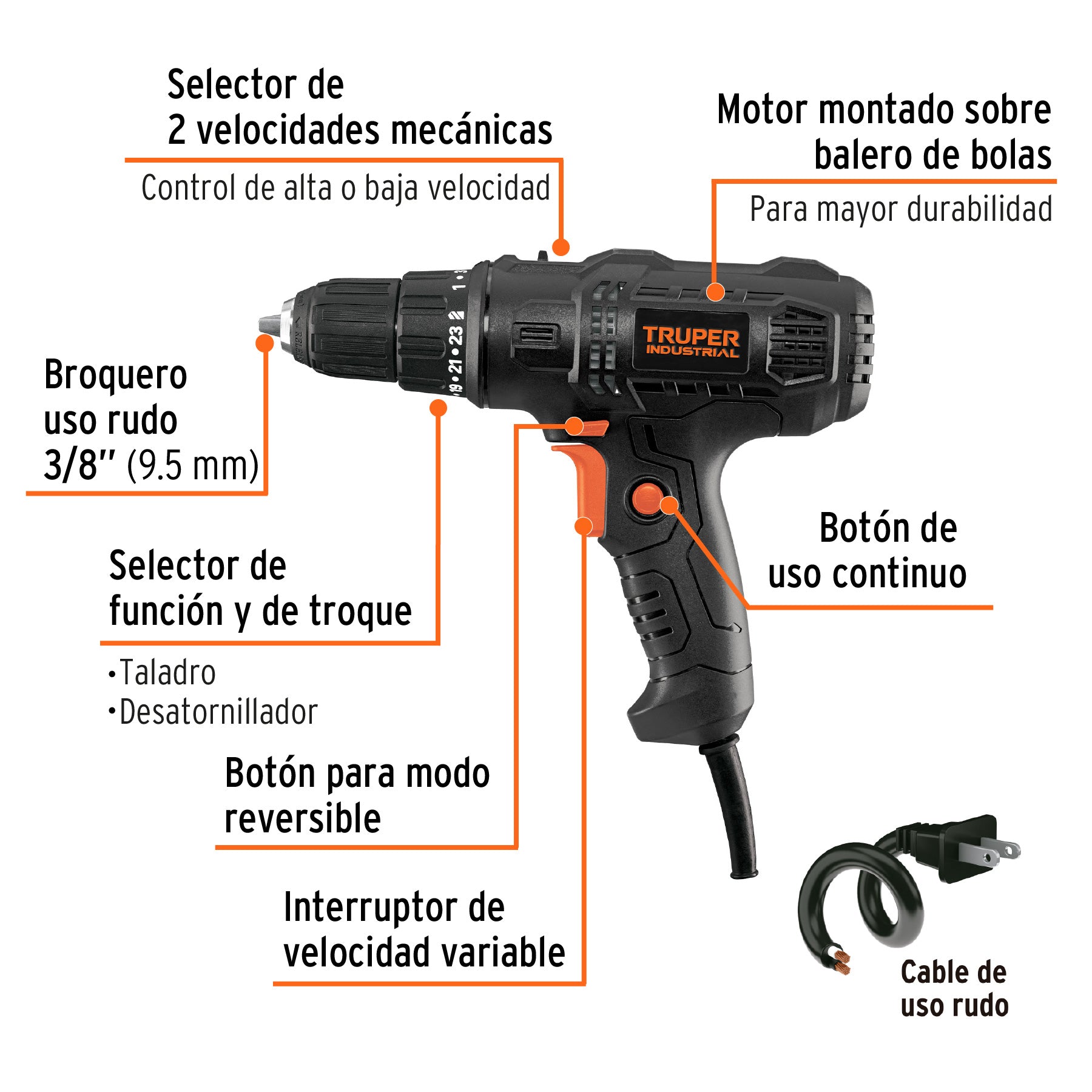 Taladro atornillador 3/8', 400W, TRUPER INDUSTRIAL, 103170 TALA-3/8N